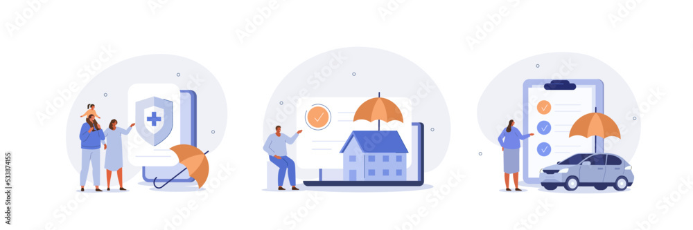 Insurance illustration set. Characters presenting car, property and ...