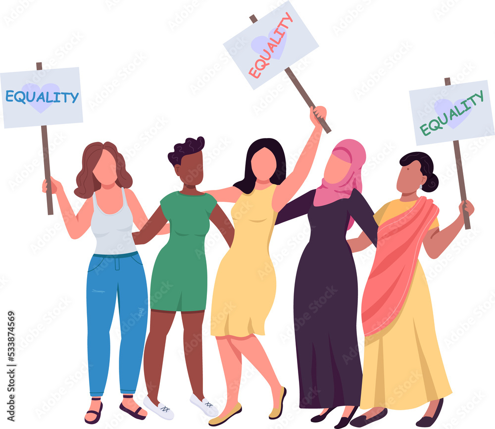 Women with equality message placards semi flat color raster characters ...