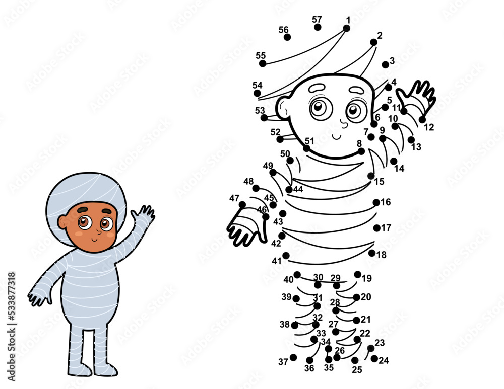 Dot to dot game for kids. Connect the dots and draw a cute kid in mummy ...