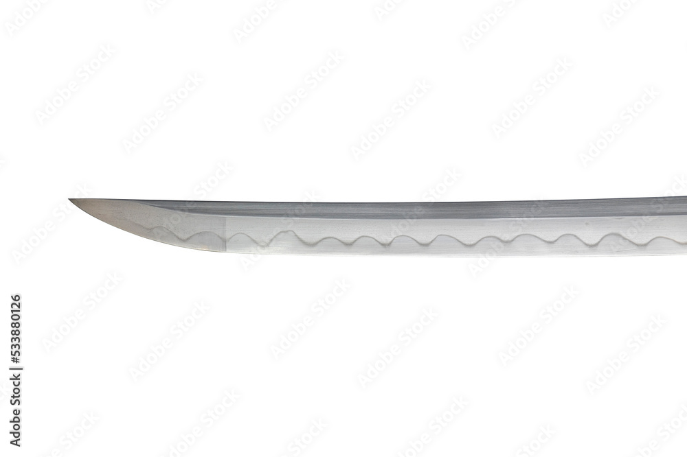 Japanese sword blade on white background. Soft focus. The wavy pattern ...