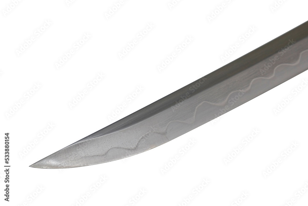 Japanese sword blade on white background. Soft focus. The wavy pattern ...