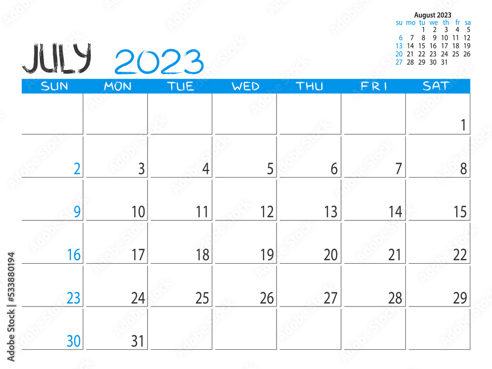 Calendar 2023 year. July 2023 planner. Desctop calendar design. 2023 ...
