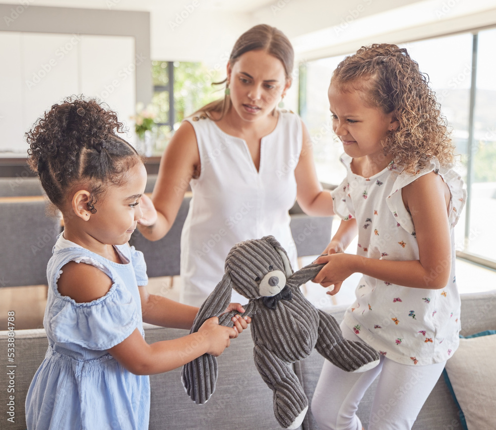 Toys fight, angry children and mother confused about kids in conflict ...