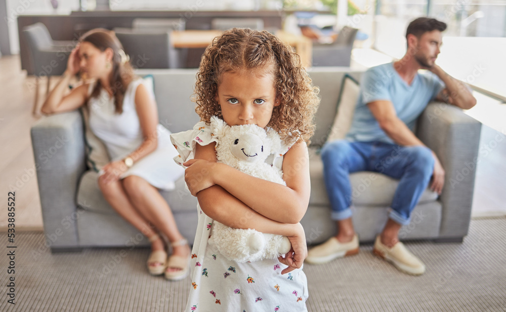 Sad girl, fighting parents thinking of divorce in living room and child ...