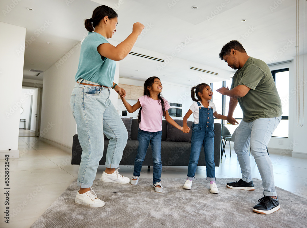 Family dancing, happy house and parents teaching children to dance ...