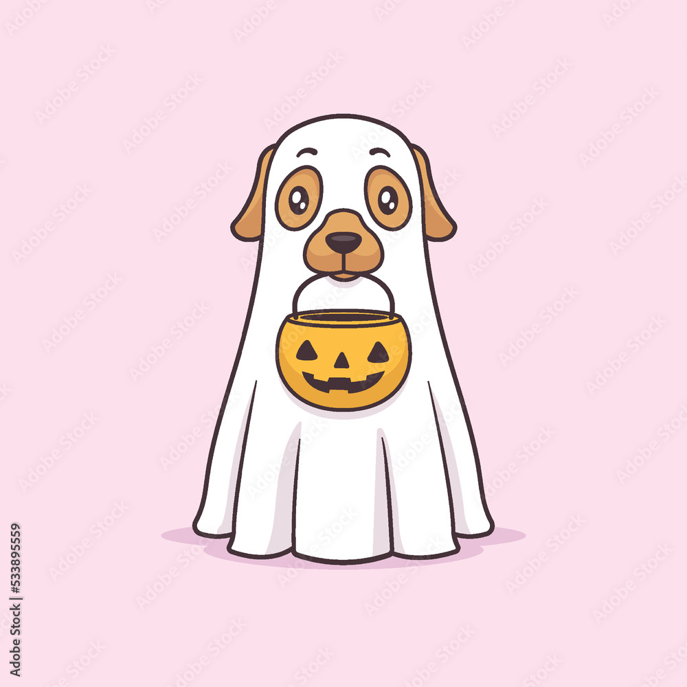 Dog in ghost Halloween trick or treat costume carrying pumpkin shaped ...