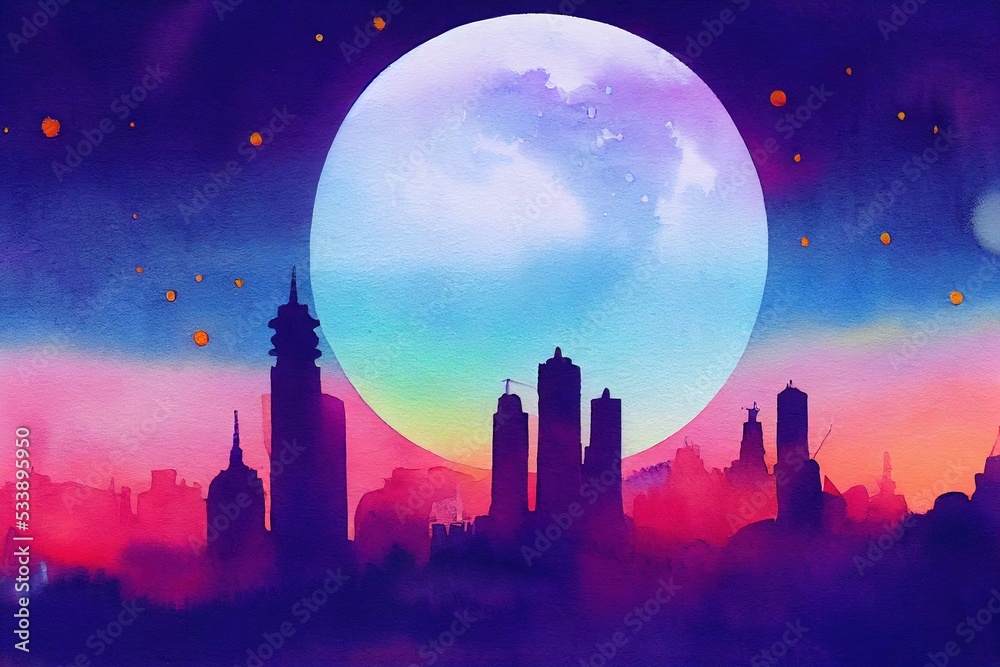 ภาพประกอบสต็อก Watercolor retrowave metropolis at midnight, cyber ...