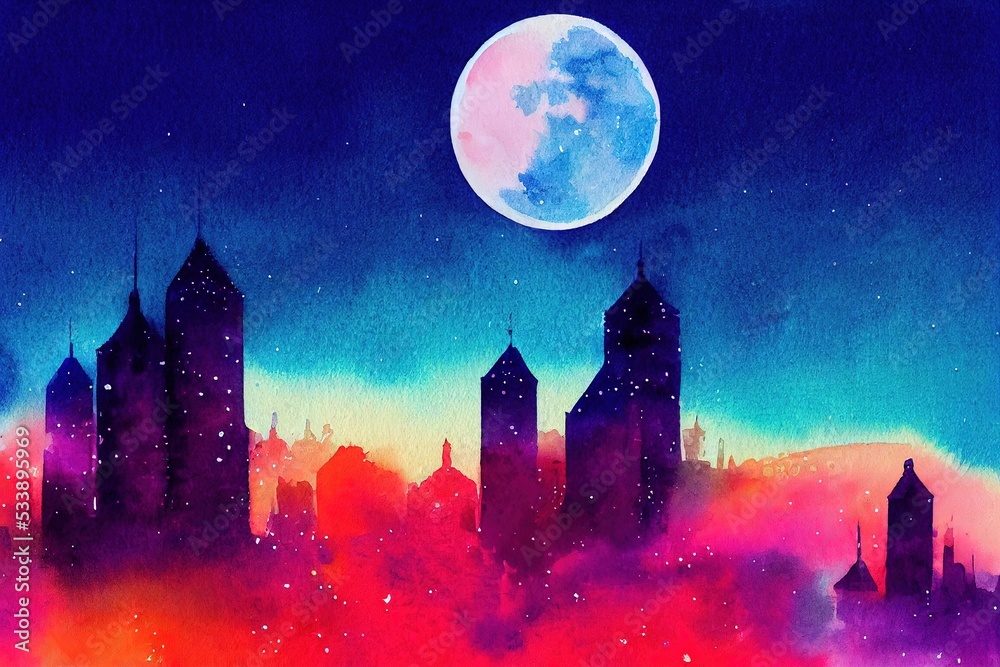 Watercolor retrowave metropolis at midnight, cyber twilight neon full ...