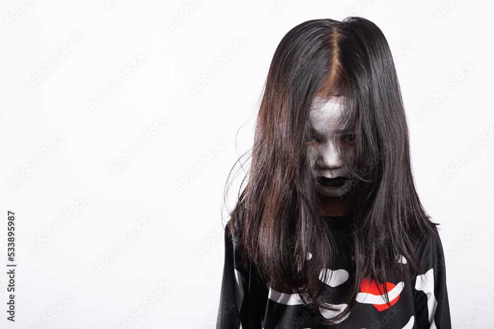 Asian little kid girl with face painting and hair covering face, woman ...