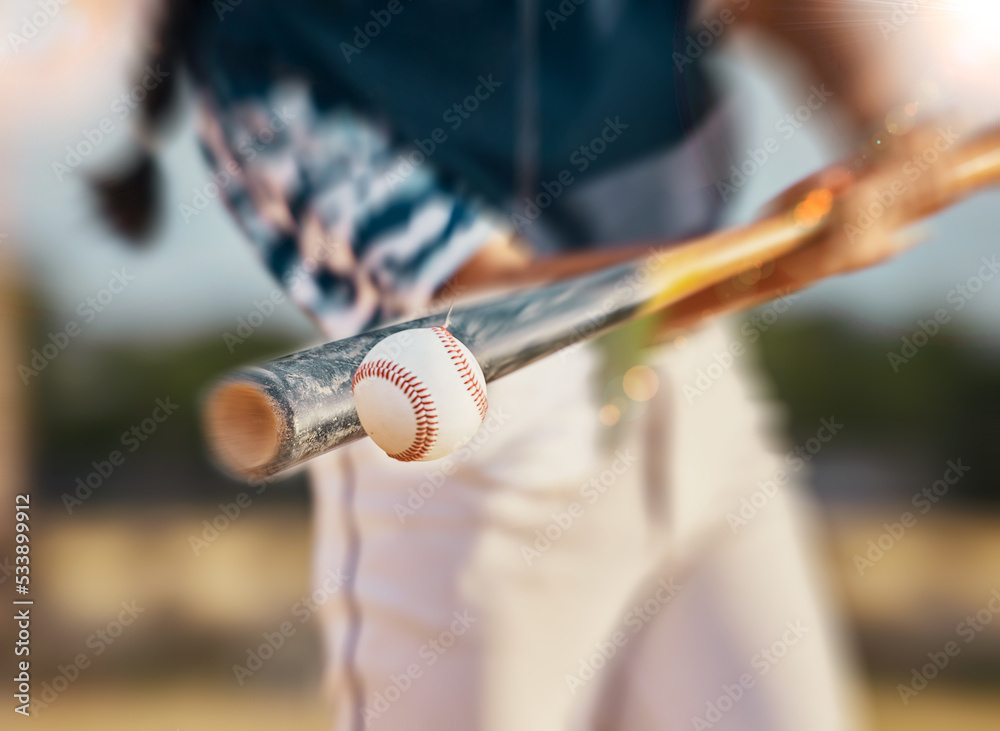 Baseball player, bat and ball while swinging during sports game, match ...