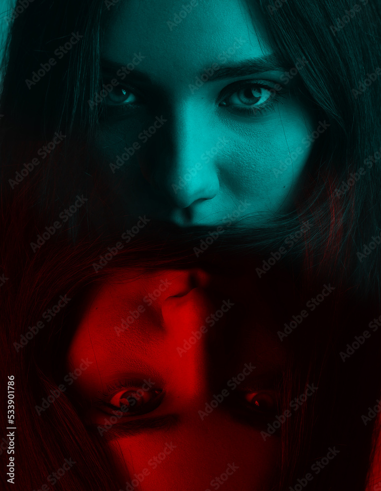 Beautiful woman futuristic black and white portrait in red and blue ...