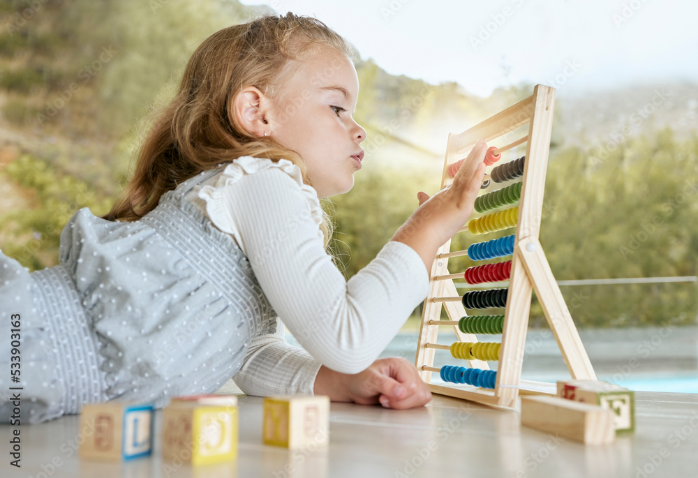 Education, abacus and girl learning math with a color tool while ...