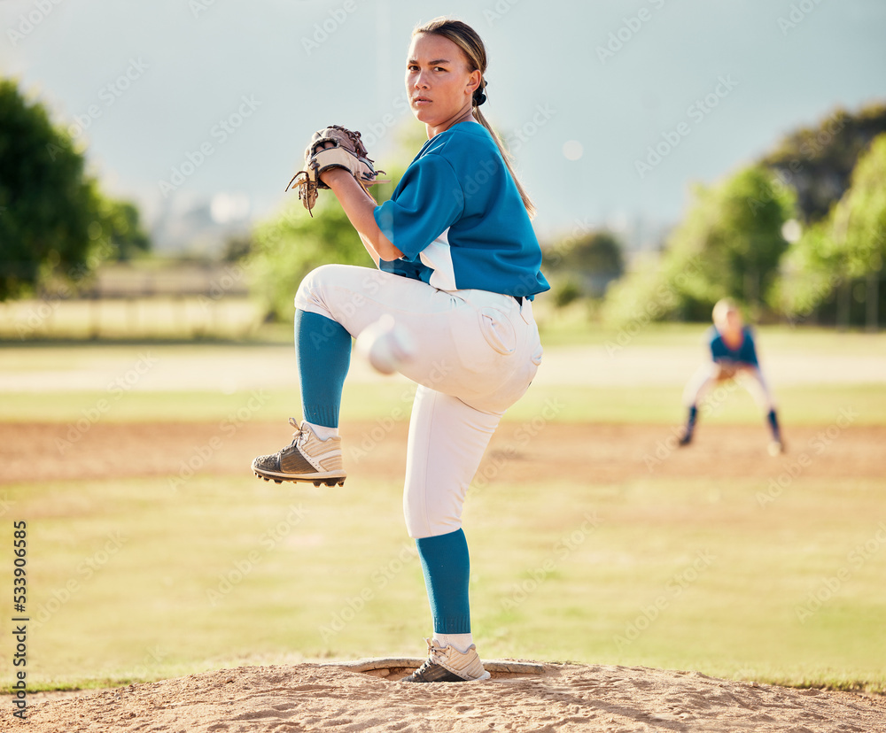 Baseball pitcher, ball sports and a athlete woman ready to throw and ...