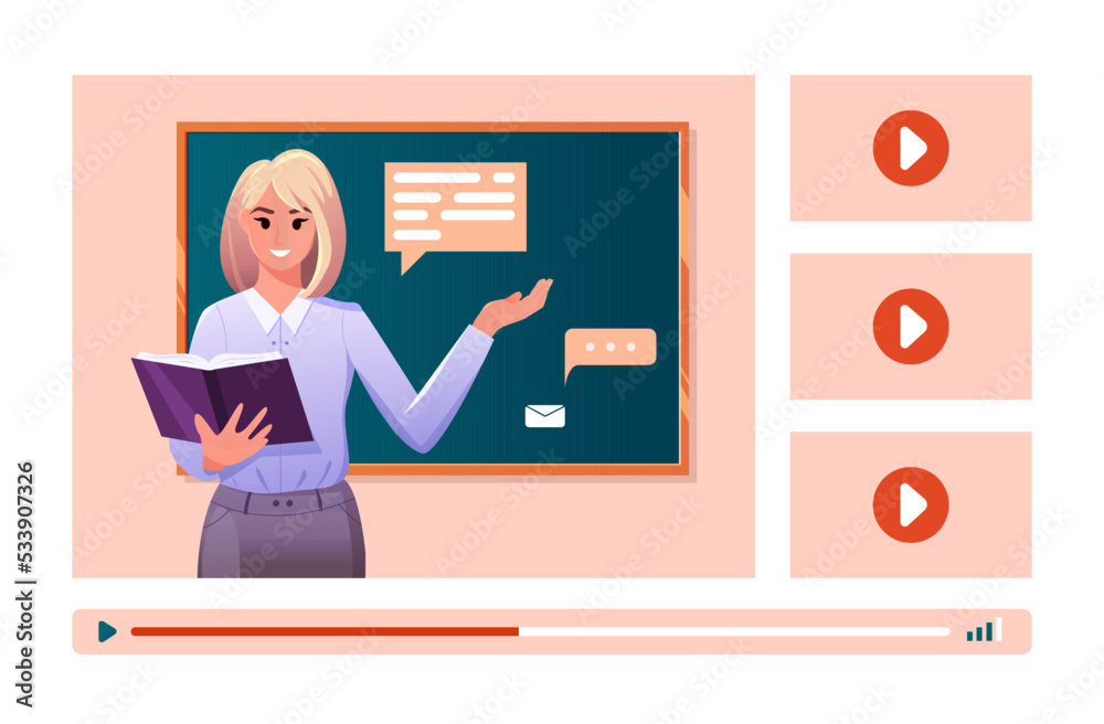 Female teacher explaining, video on screen. Digital classroom. Webinar ...