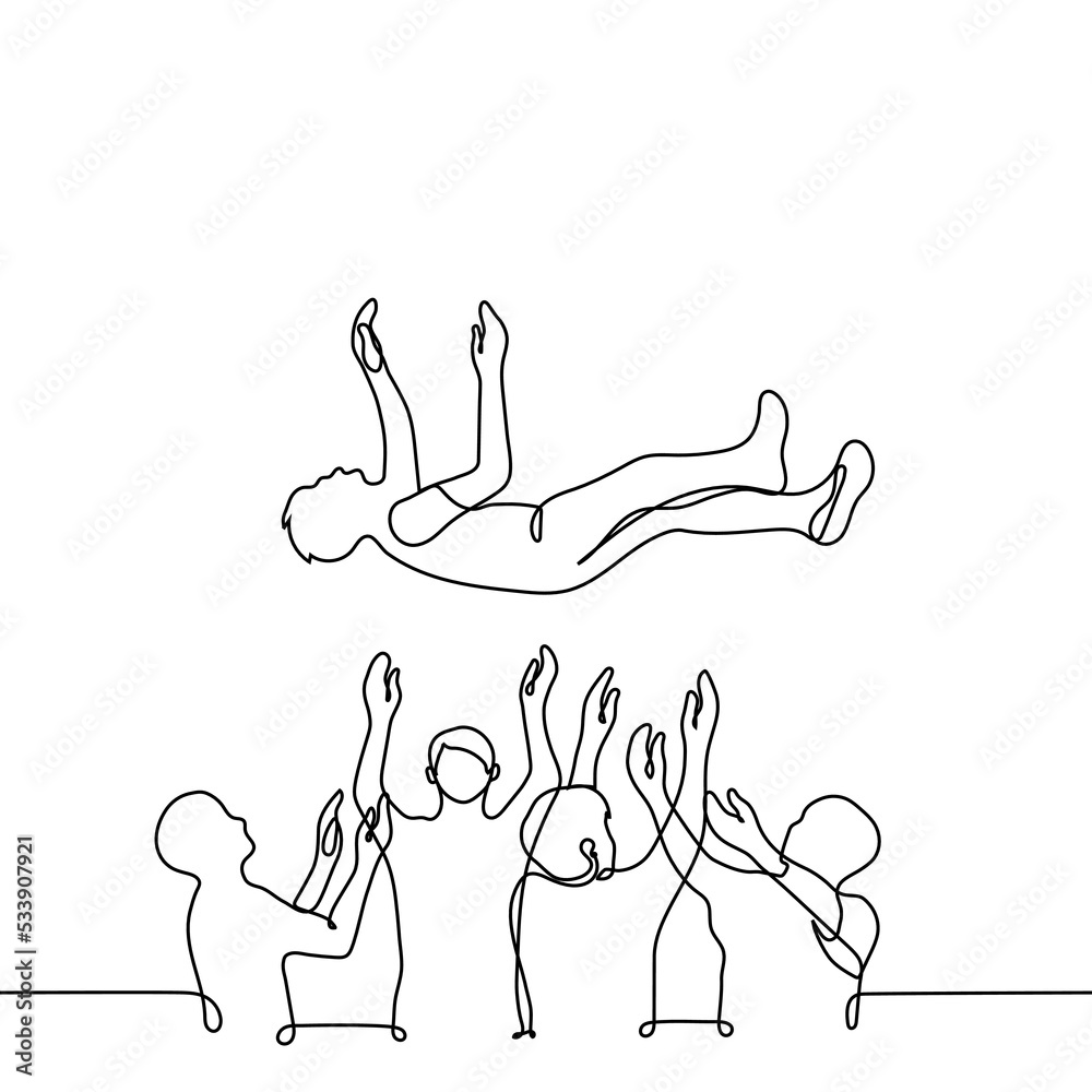 crowd throws a man in the air - one line drawing vector. concept ...