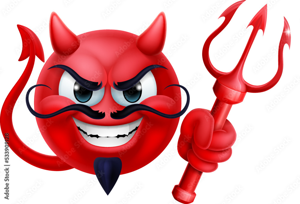 A red devil or satan emoji emoticon man face holding a trident ...