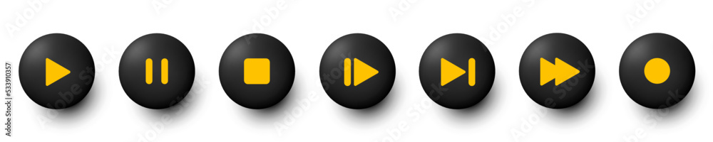 Multimedia buttons. Set of 3d play buttons. Cartoon icons play, pause ...