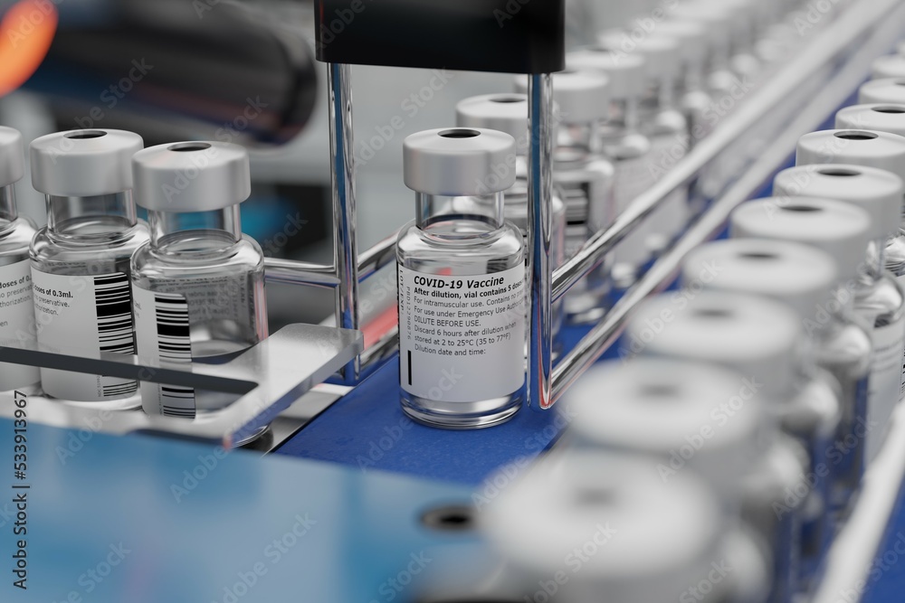 Rows of labelled glass vials on a conveyor with a generic Covid-19 ...