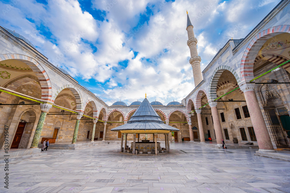 Istanbul, Turkey- 9 22 2019: Fatih's mosque courtyard shows the Islamic ...