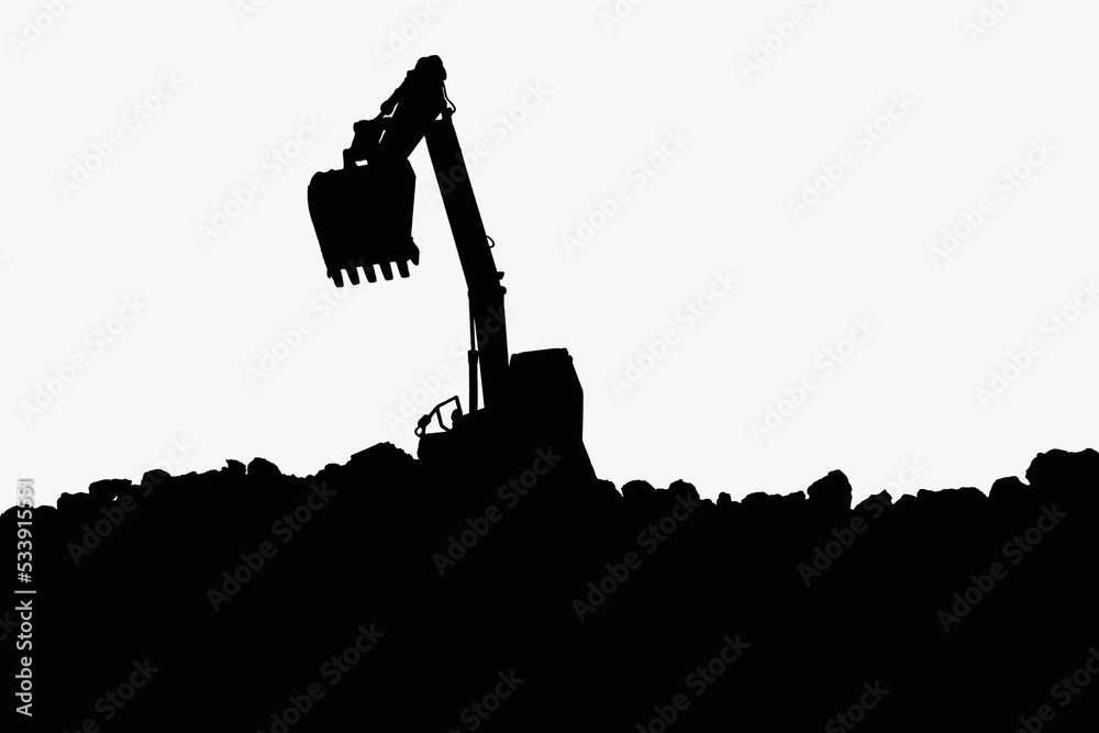 Excavators silhouette are digging the soil in the construction site on ...