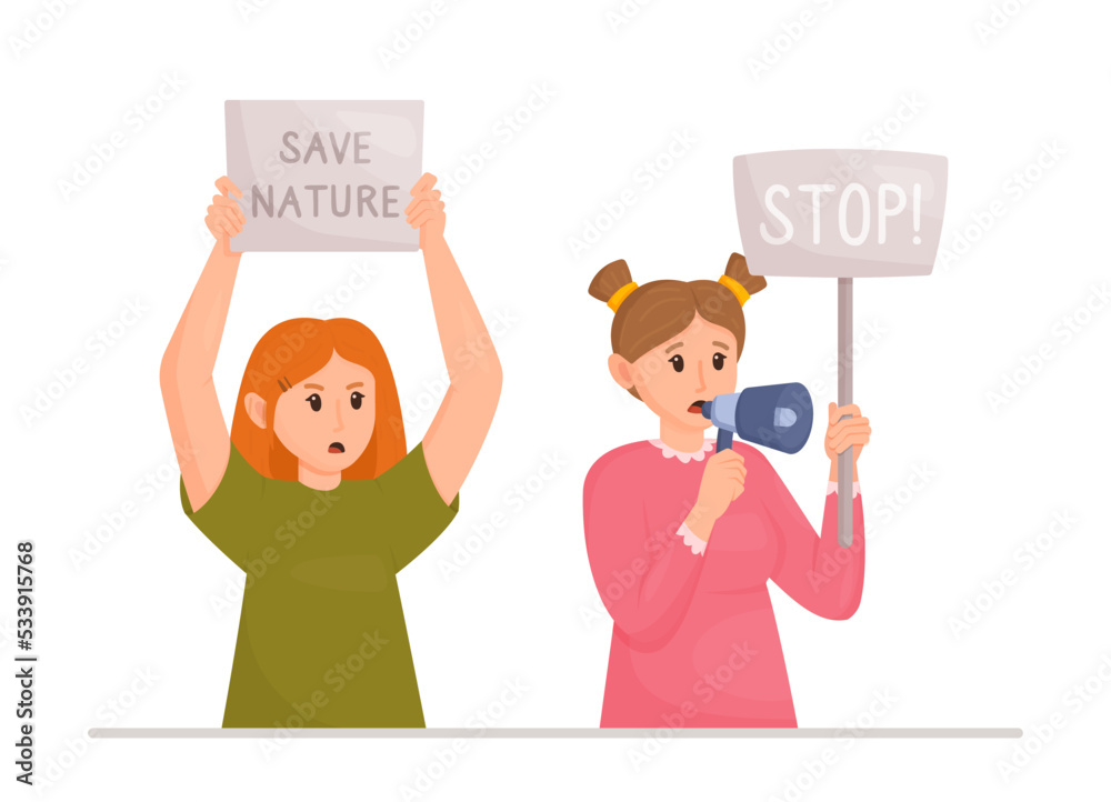 Save Nature. Girls call on people to protect nature. Violation of the ...