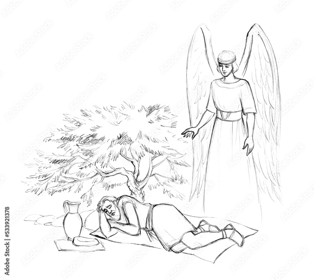 An angel appeared to the prophet Elijah. Pencil drawing Stock ...