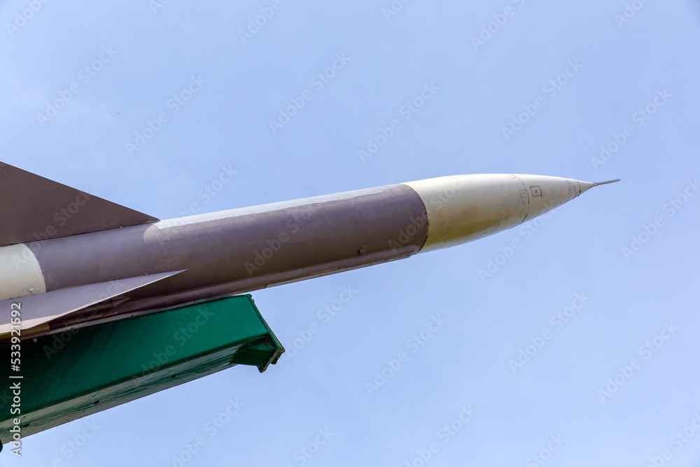 Defense forces weapon. Antiaircraft missles rocket with warhead aimed ...