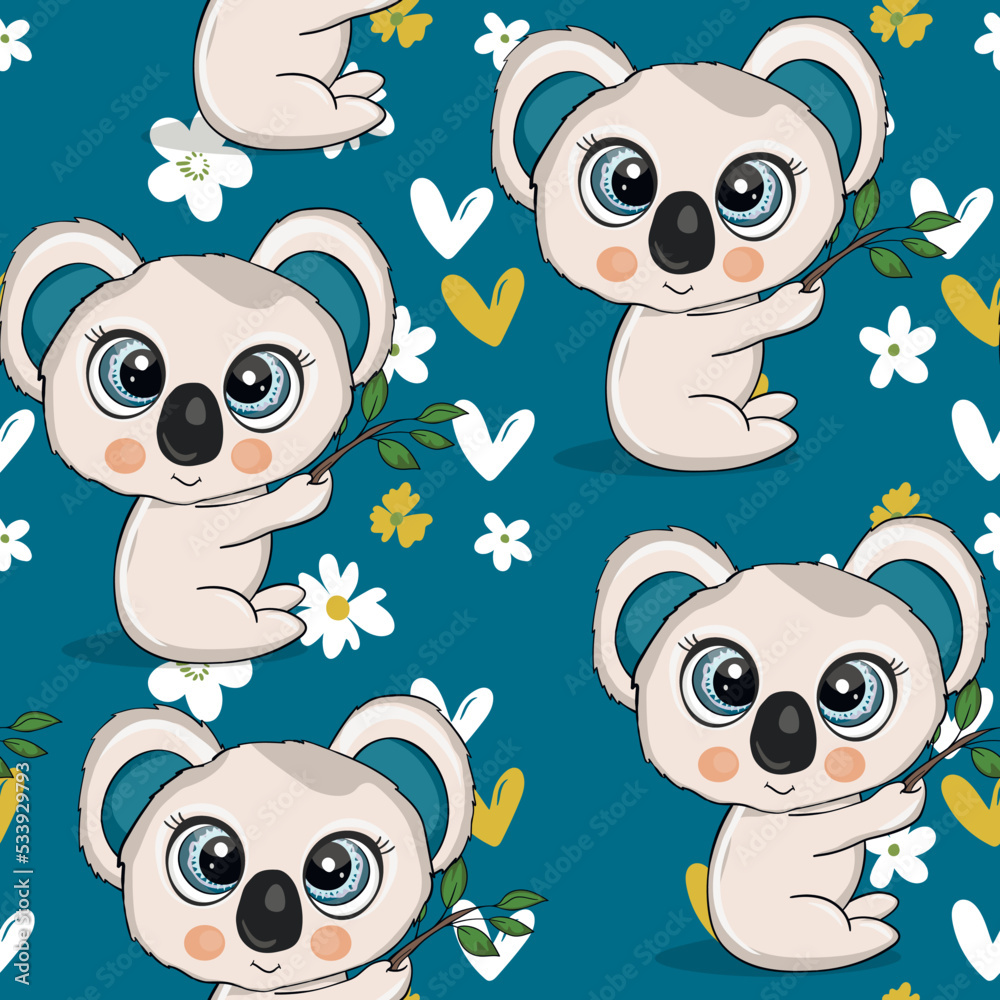 Seamless pattern with cute koala baby on color background. Funny ...