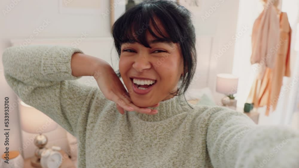 Influencer woman in bedroom interior live streaming video POV for ...