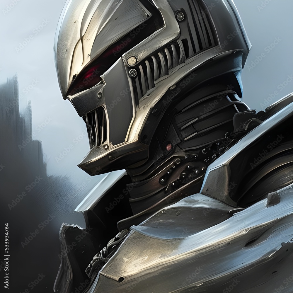 A heavily armored futuristic knight in scary, menacing armor, closeup ...