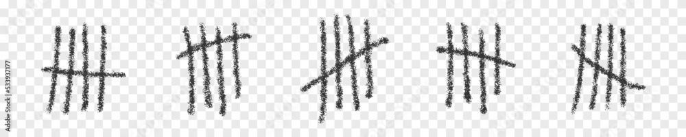 Charcoal tally marks isolated on transparent background. Set of day ...