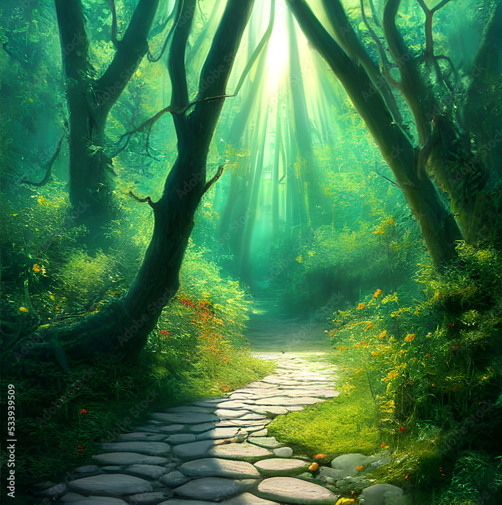 Pathway through a fantasy forest with rays of sunlight shining down. Stock Illustration | Adobe ...