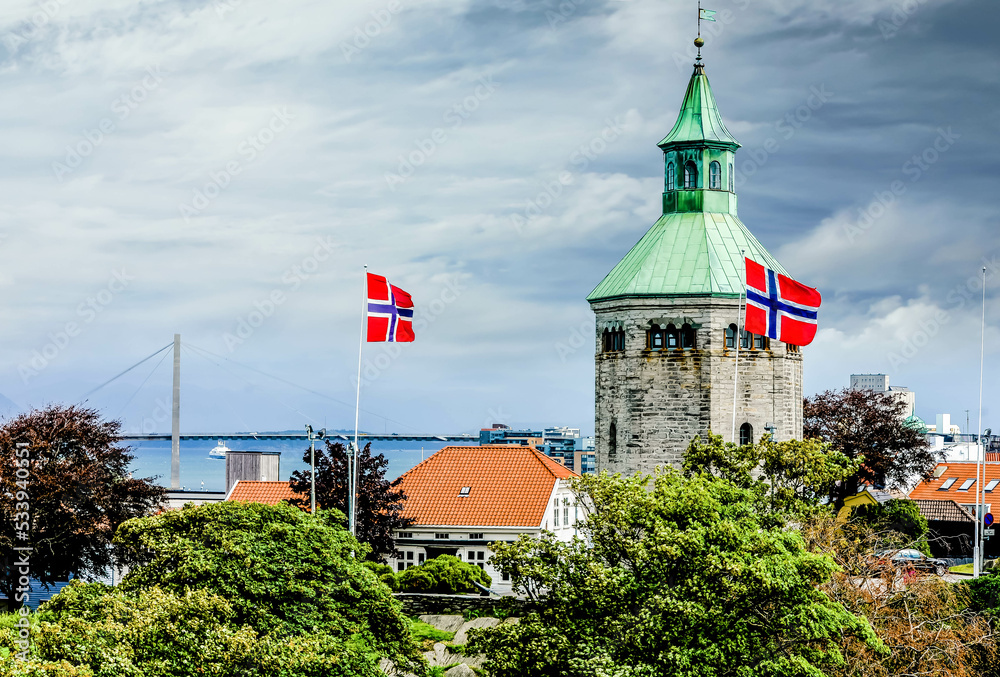 Famous Valbergtårnet tower and its Norwegian flag in the city of ...