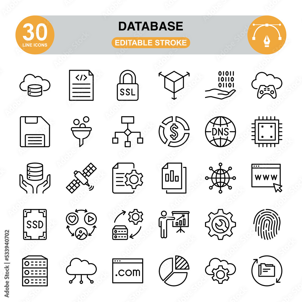 Database icon set. Editable stroke. Pixel perfect. icon set contains ...