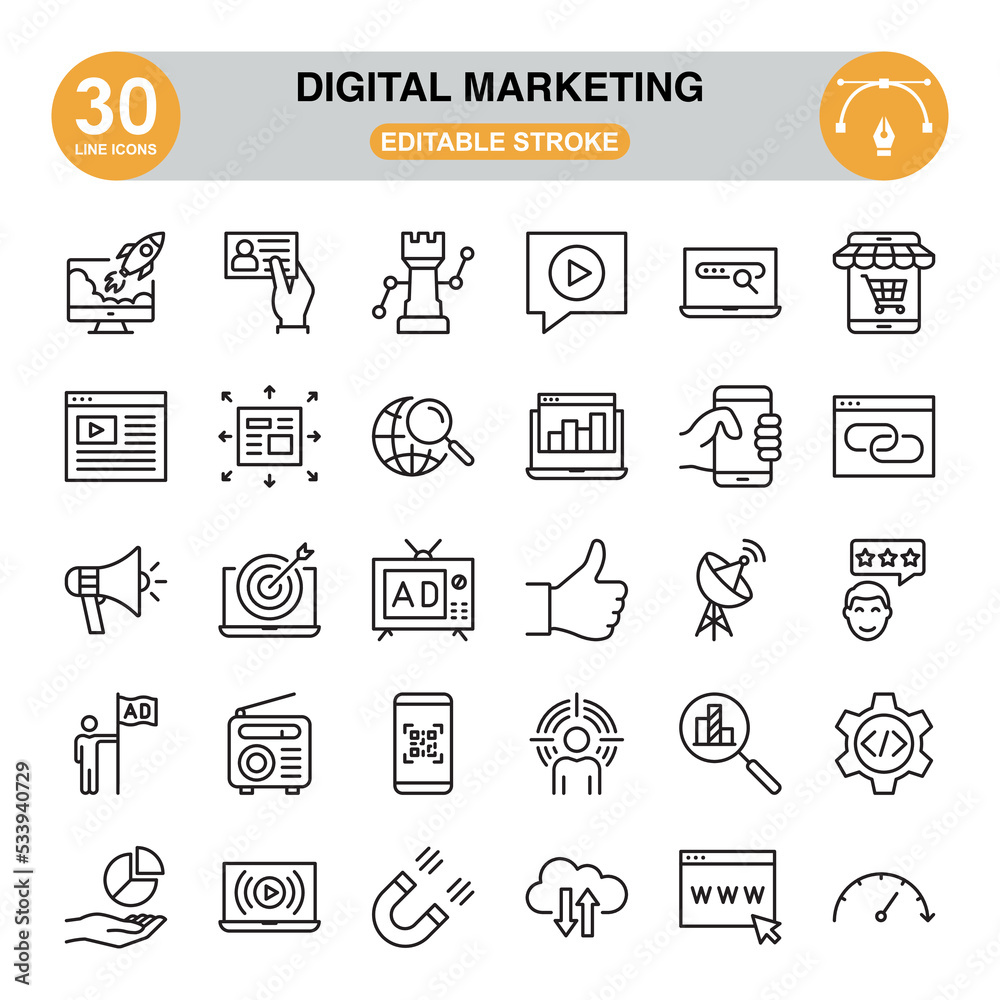 Digital Marketing icon set. Editable stroke. Pixel perfect. icon set ...