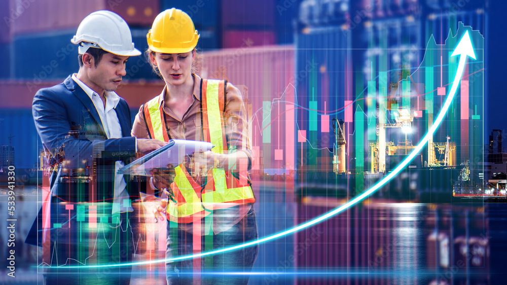 Confident man and woman engineer investment stock finance profit graph ...