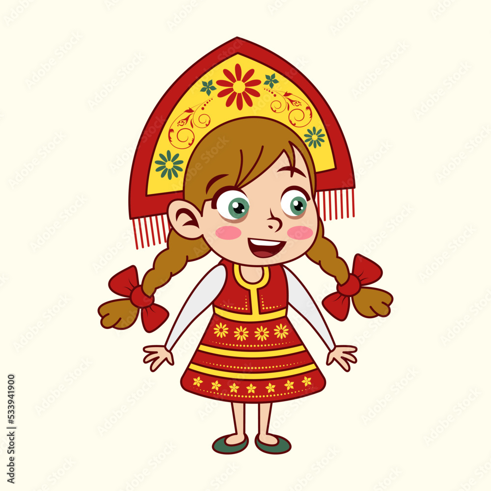 Vector cartoon girl in traditional russian costume. Funny Russian folk ...