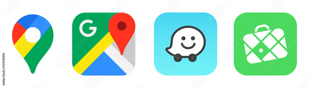 Collection of popular navigation icons printed on paper: Google Maps ...
