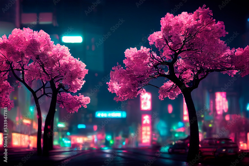 Futuristic city with neon lights and abstract sakura trees. Modern ...