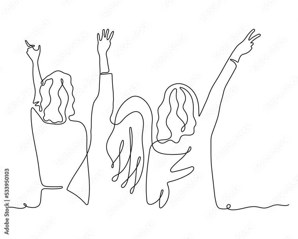 Line art drawing group of girls. Hands up. Group of Applause people ...