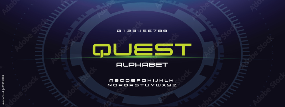 QUEST Sports minimal tech font letter set. Luxury vector typeface for company. Modern gaming ...