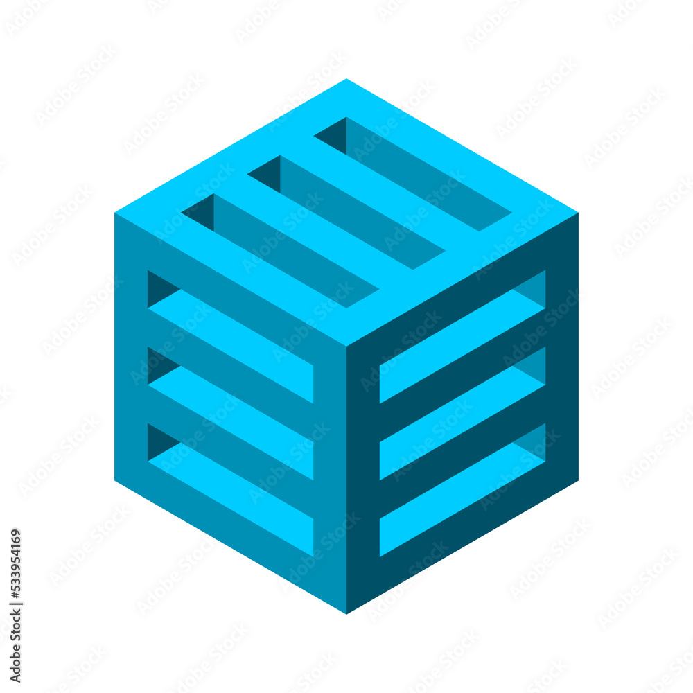 Blue 3D box building. Isometric cube with open spaces. Block shape that ...