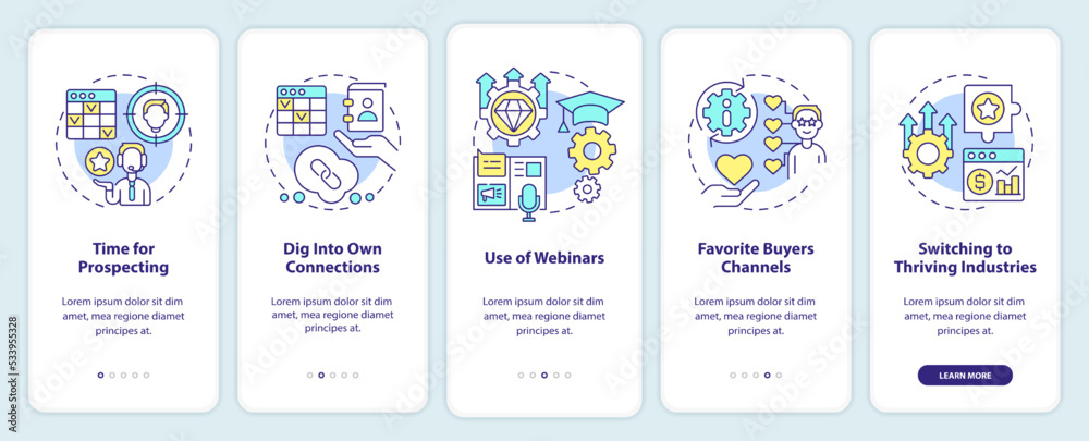 Vetor de Sales prospecting techniques onboarding mobile app screen ...