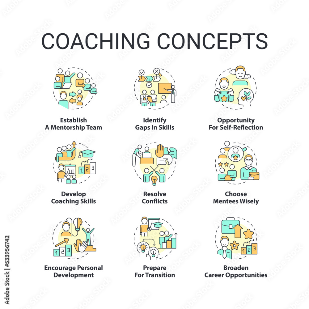 Coaching concept icons set. Mentorship program idea thin line color ...