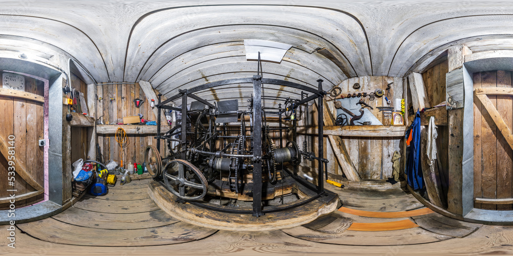 360 hdri panorama inside huge ancient clock mechanism in church. full ...