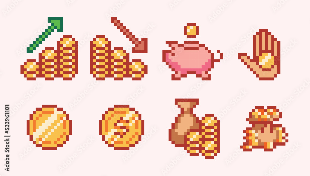 Golden coins pixel art set. Medals, treasure reward, stack of money ...