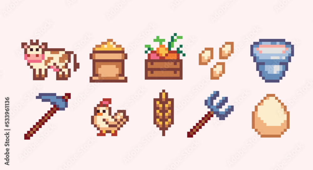 Farming produce: milk, eggs and wheat pixel art set. Country animals ...