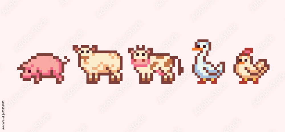 Farm animals pixel art icon set. Domestic countryside pets: cow ...