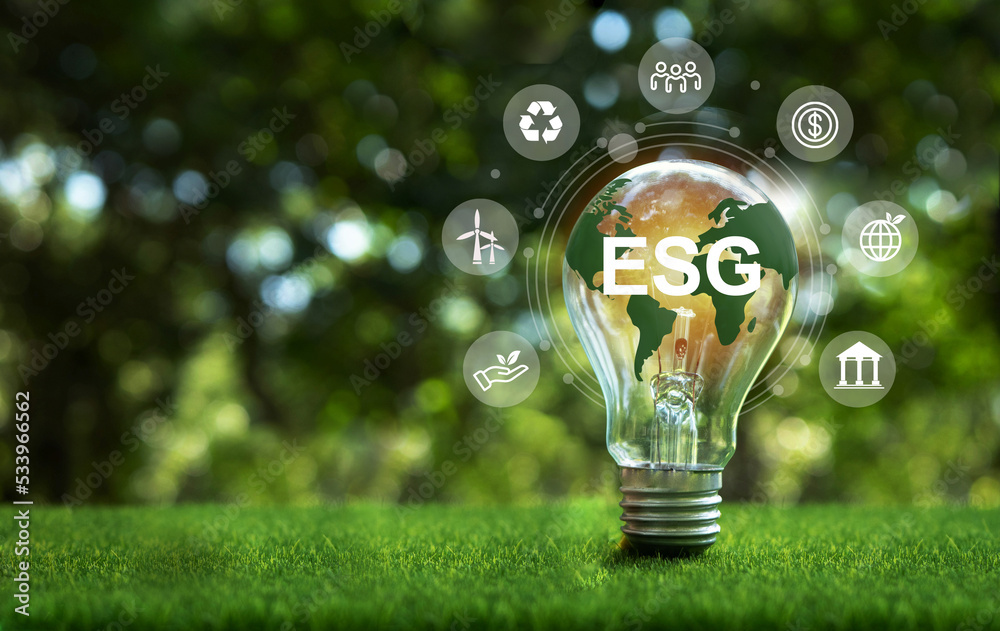 Foto de The green world map is on a light bulb , ESG icon for ...