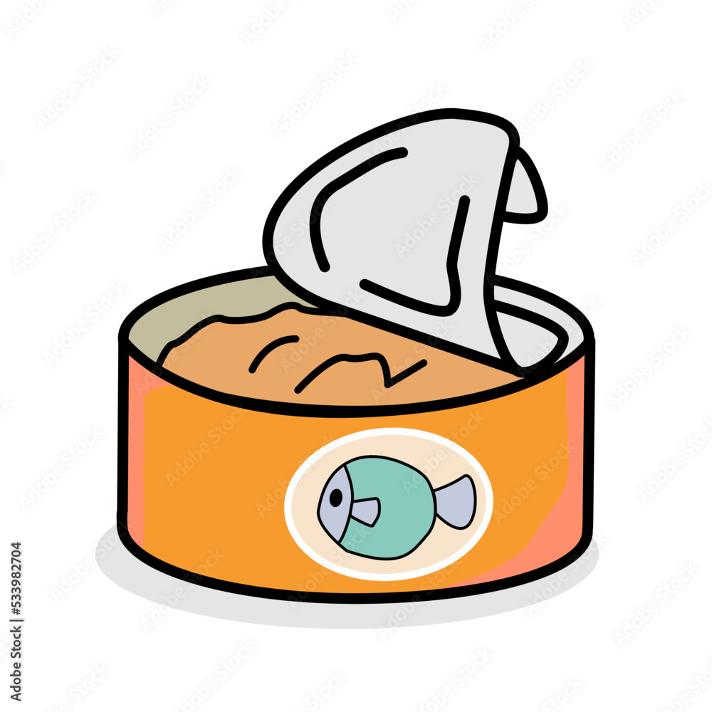 Cartoon canned fish. seafood product packaging. fish in metal package ...